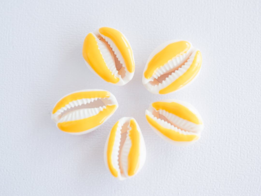 Yellow Cowrie Shell Beads, 5 Pieces, 20-25mm, Natural Enamel Coated ...