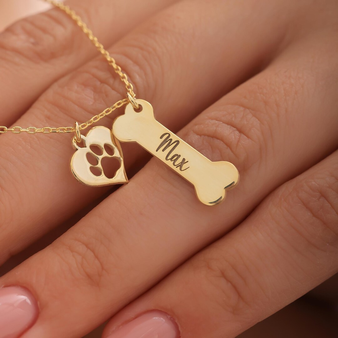 Custom Gold Dog Name Necklace 14K Gold Paw & Bone Charm Pendant ...
