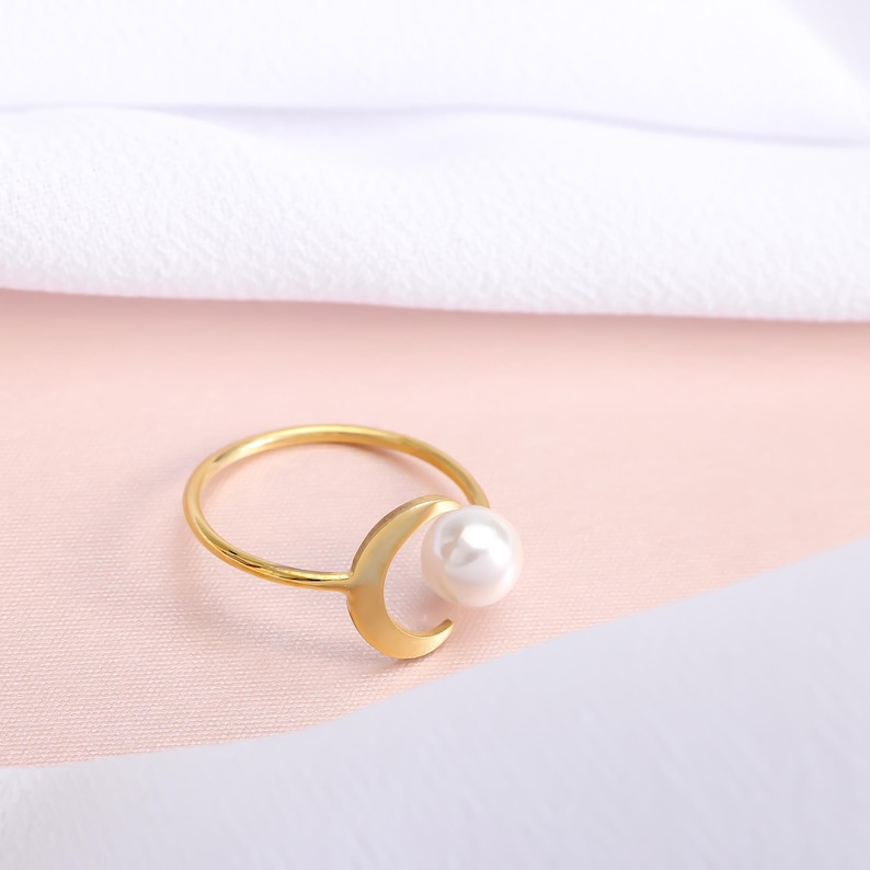 Crescent Moon Pearl Ring: 14k Gold, Sterling Silver Adjustable Ring - Etsy