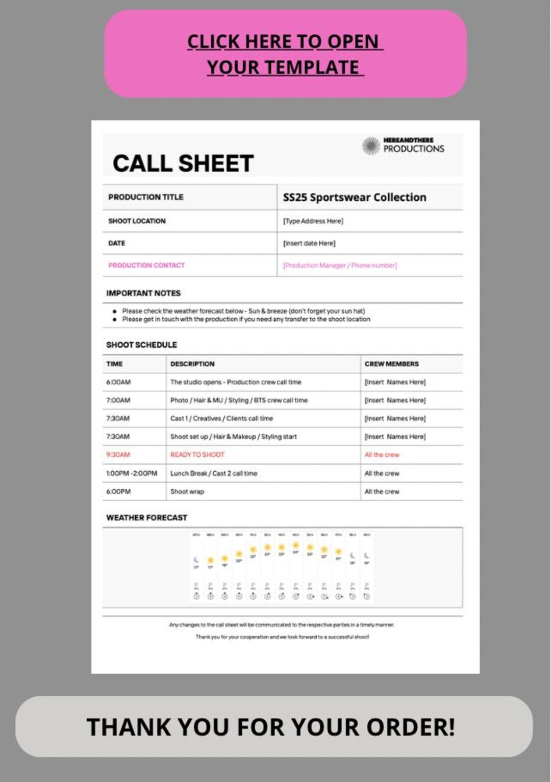 Customizable Call Sheet for Your Photo Shoot - Etsy