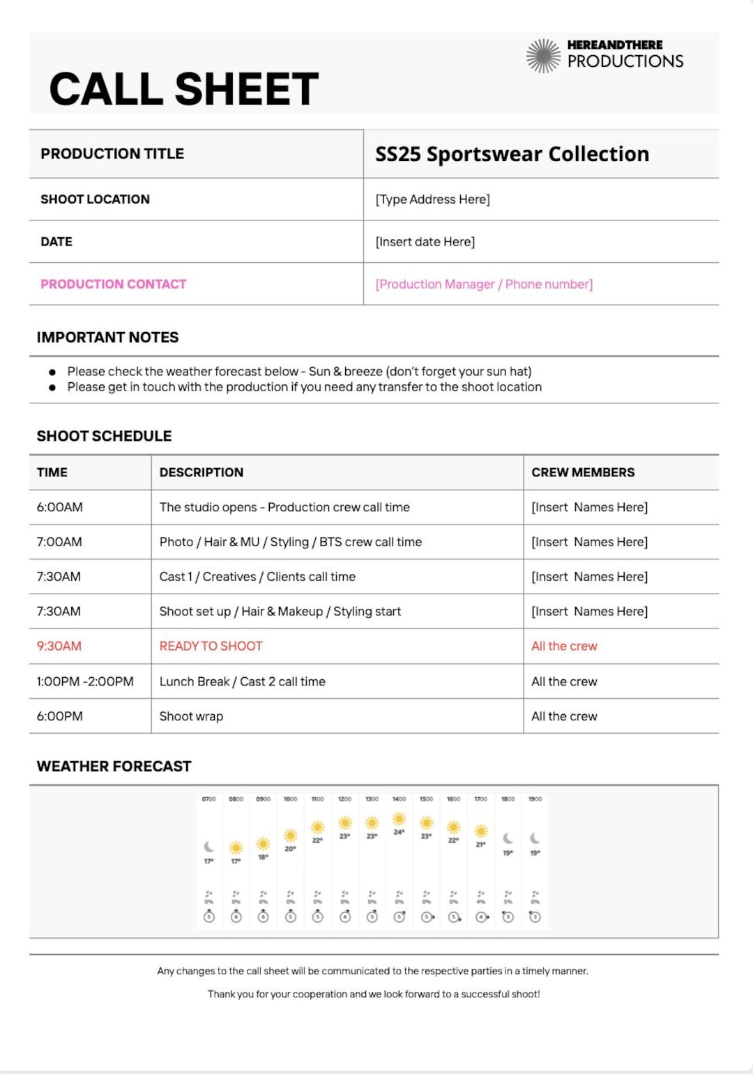 Photo Shoot Call Sheet PDF - Etsy