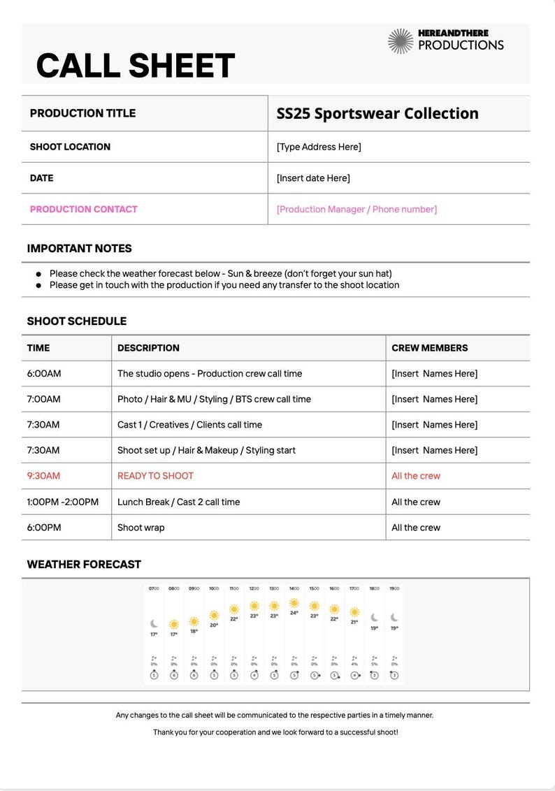 Photo Shoot Call Sheet PDF - Etsy