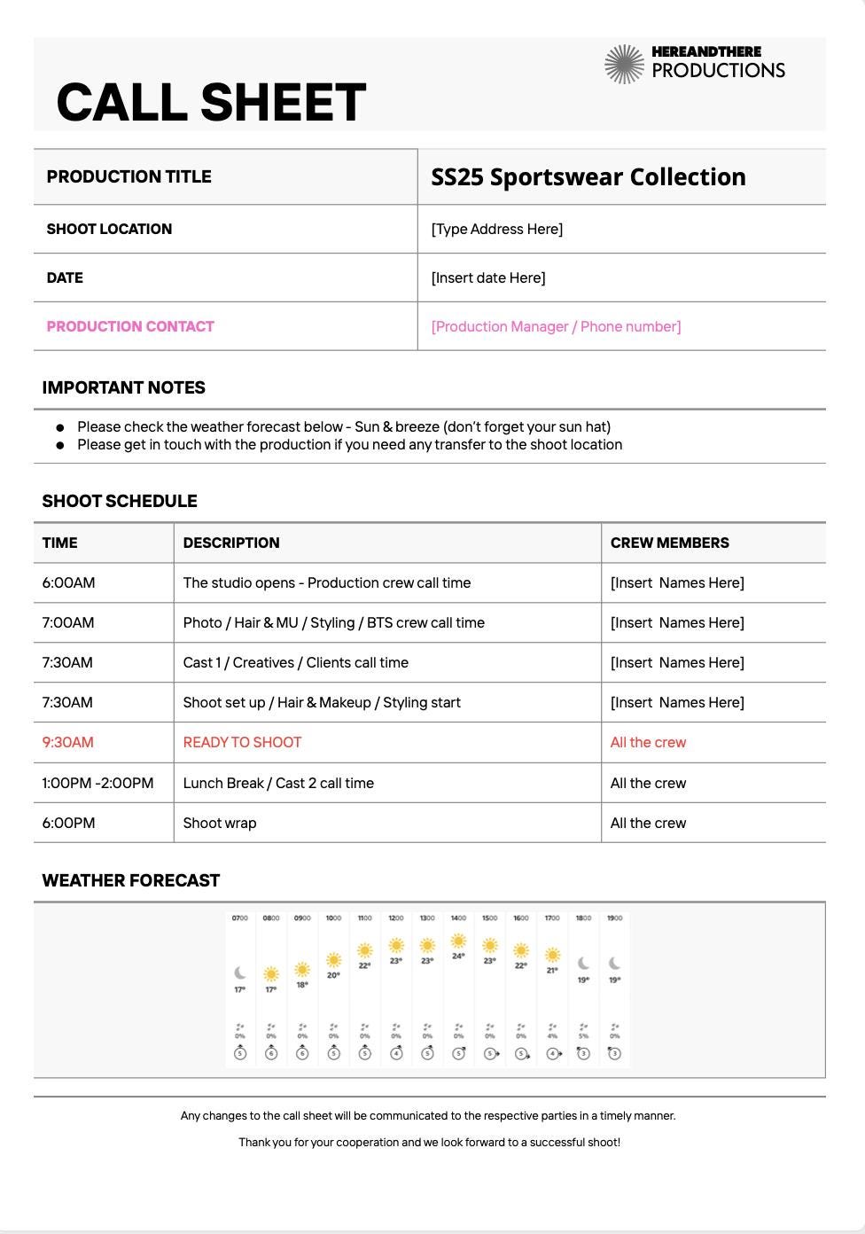 Photo Shoot Call Sheet PDF - Etsy