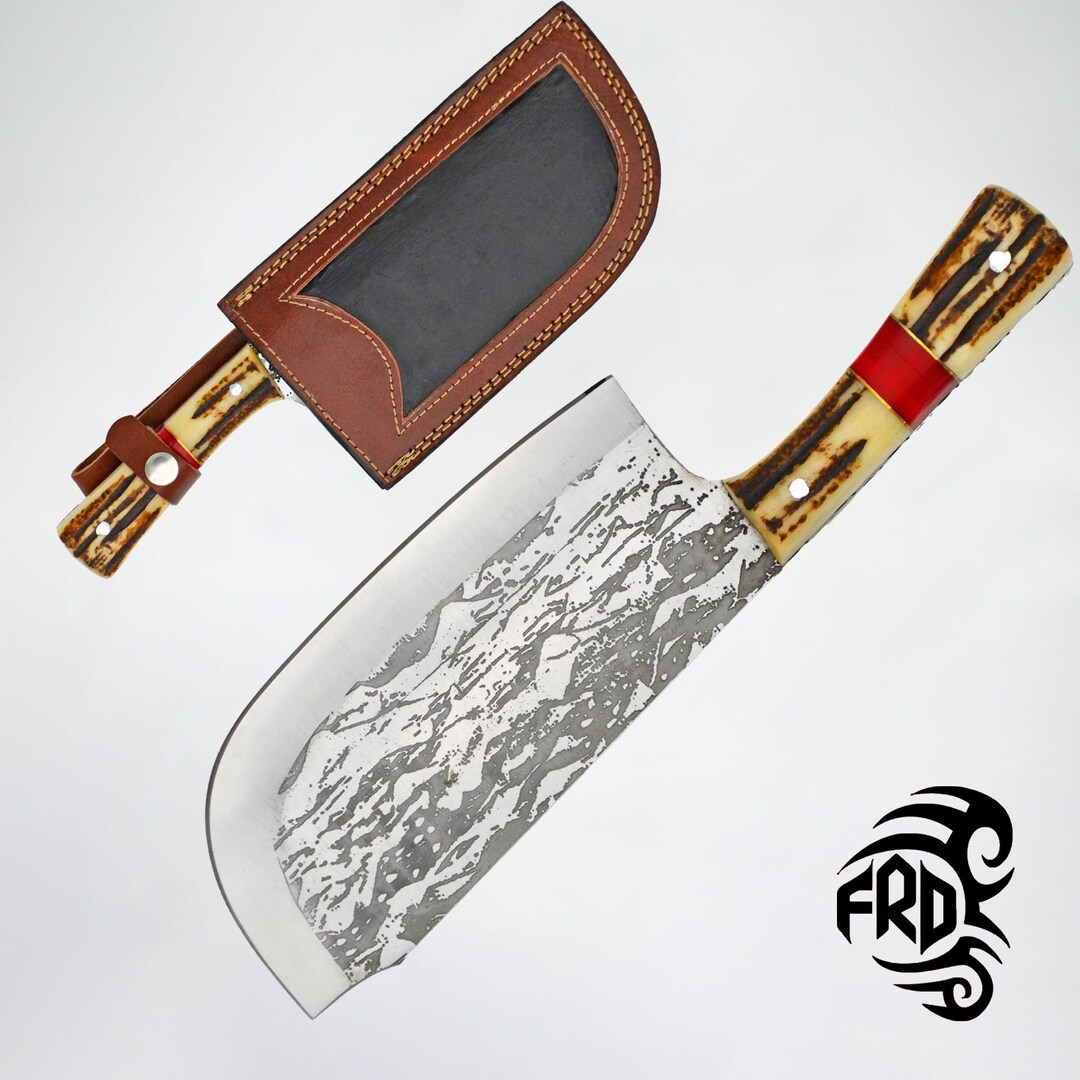 Handmade 12-chrome Steel Cleaver Curved Blade & Red Stag Antler Handle ...