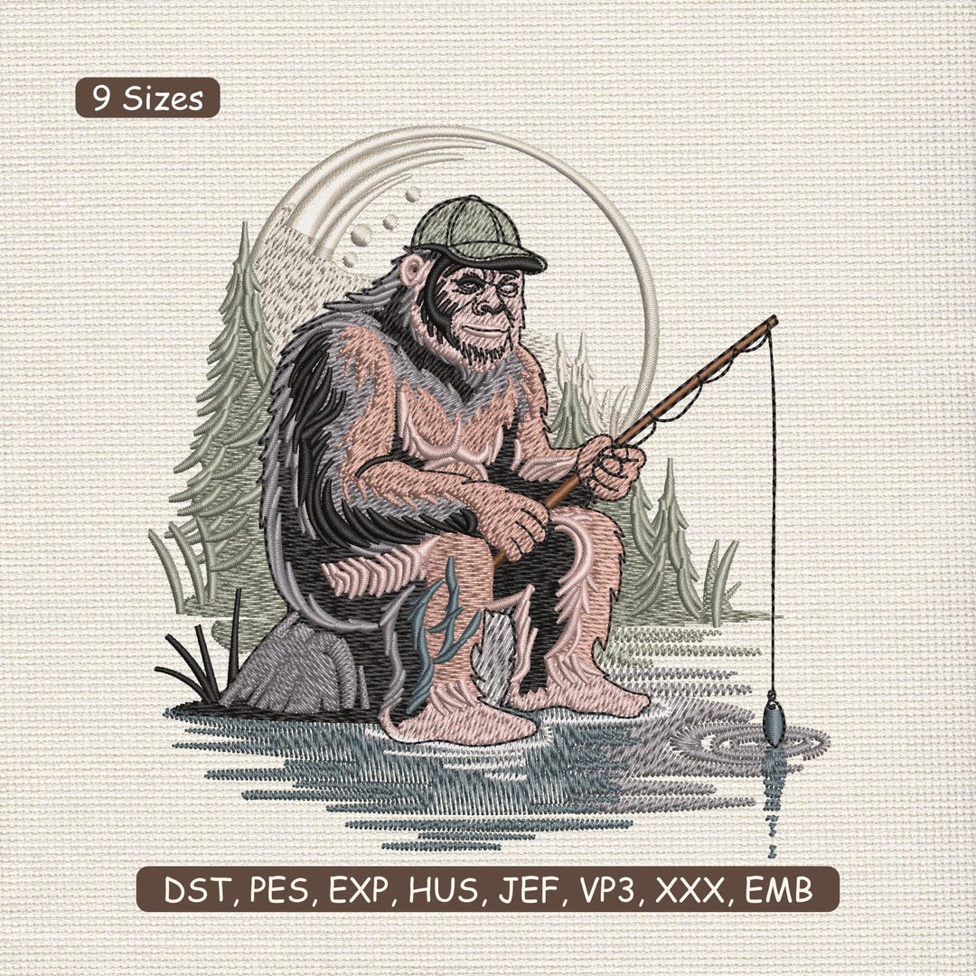 Bigfoot Fishing Embroidery Design, Vintage Sasquatch Outdoor Fishing ...