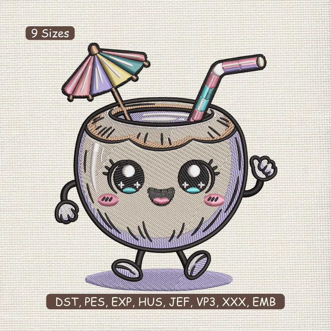 Coconut Drink Embroidery Design, Smiling Summer Beach Beverage Machine ...