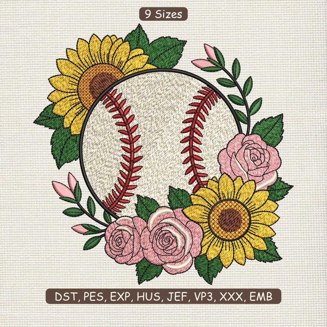 Floral Baseball Embroidery Design, Sports Mom Sunflower Rose Softball ...
