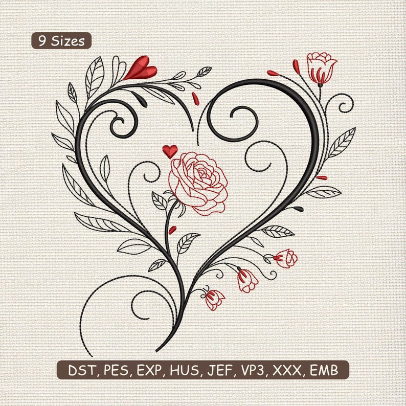 Elegant Heart Line Art Embroidery Design, Minimal Floral Love Machine ...
