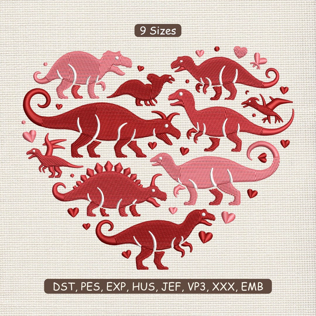 Valentine Dinosaur Heart Pattern Embroidery Design, Cute Dino Love ...