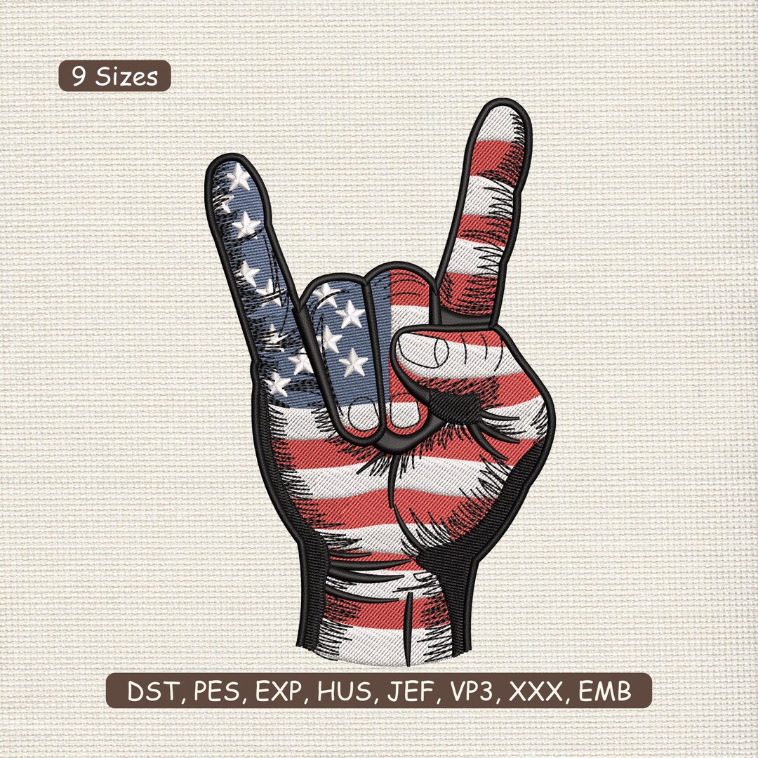 Rock Hand Flag Embroidery Design, American Flag Peace Sign 4th of July ...