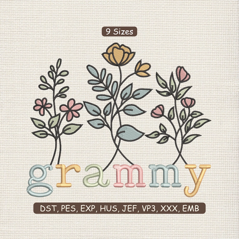 Floral Grammy Embroidery Pattern | Flower Grandma Embroidery Design ...