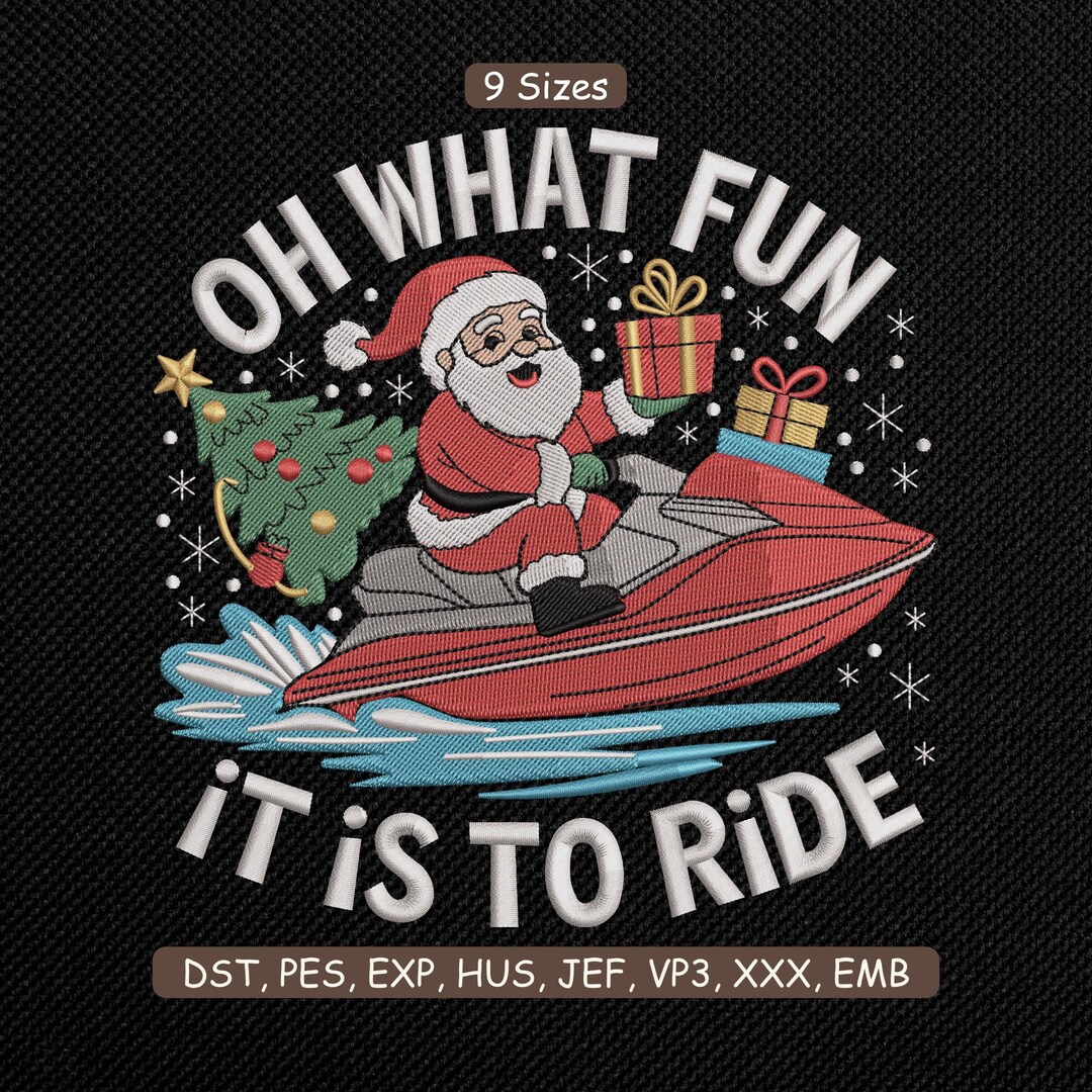 Santa Boat Ride Embroidery Design, Funny Christmas Adventure Pattern ...