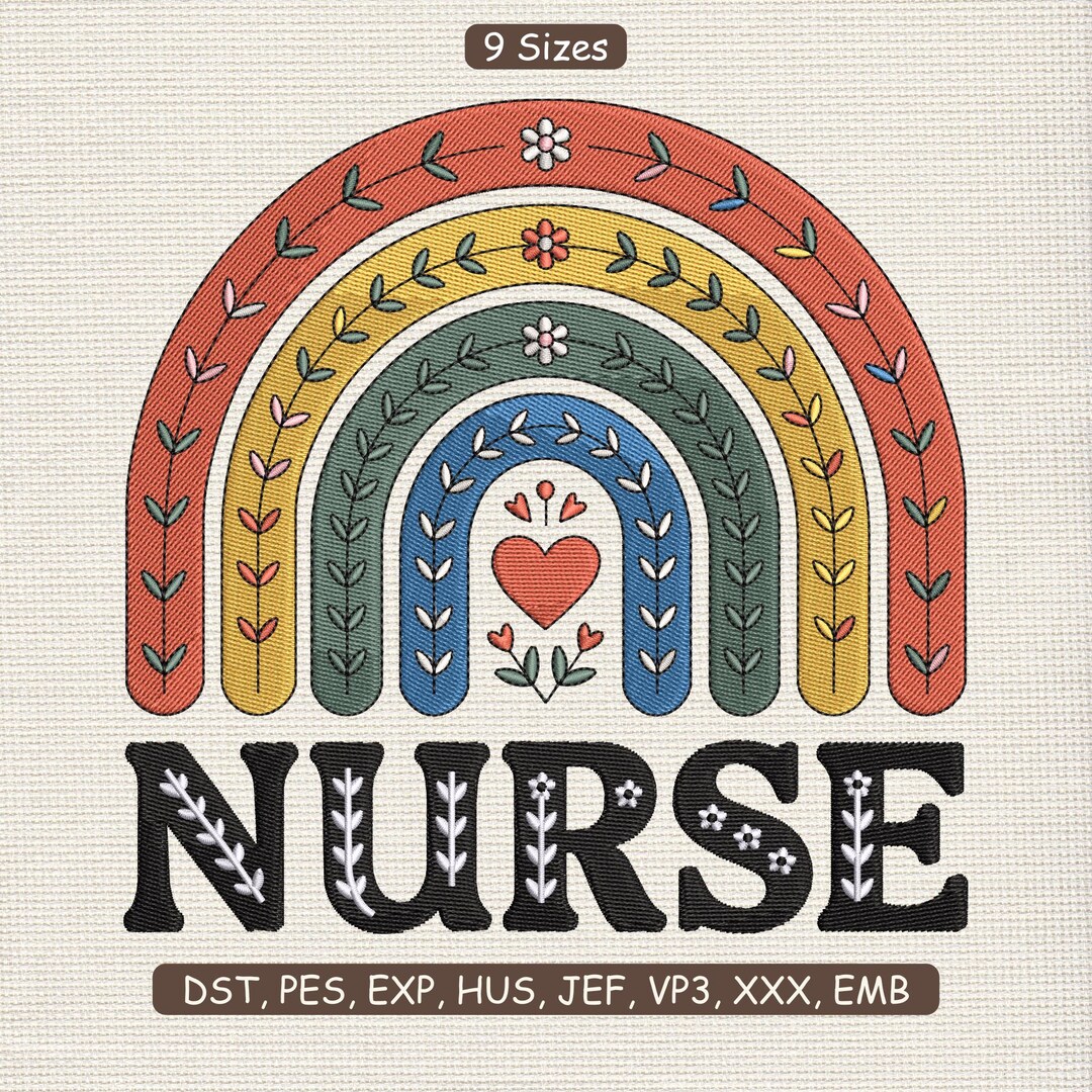Nurse Heart Embroidery Design, Rainbow Nurse Typography Love Embroidery ...