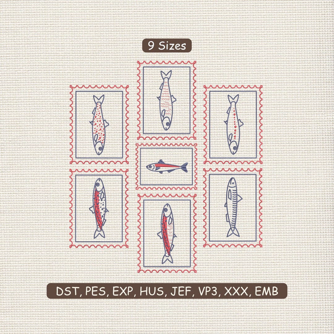 Sardine Postage Stamp Bundle Embroidery Design : Fish Lover Machine ...