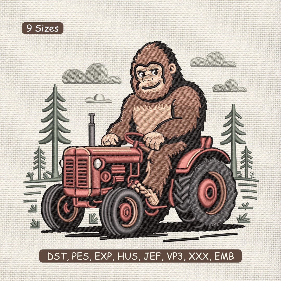 Bigfoot Riding Tractor Embroidery Design, Funny Sasquatch Farm Machine ...