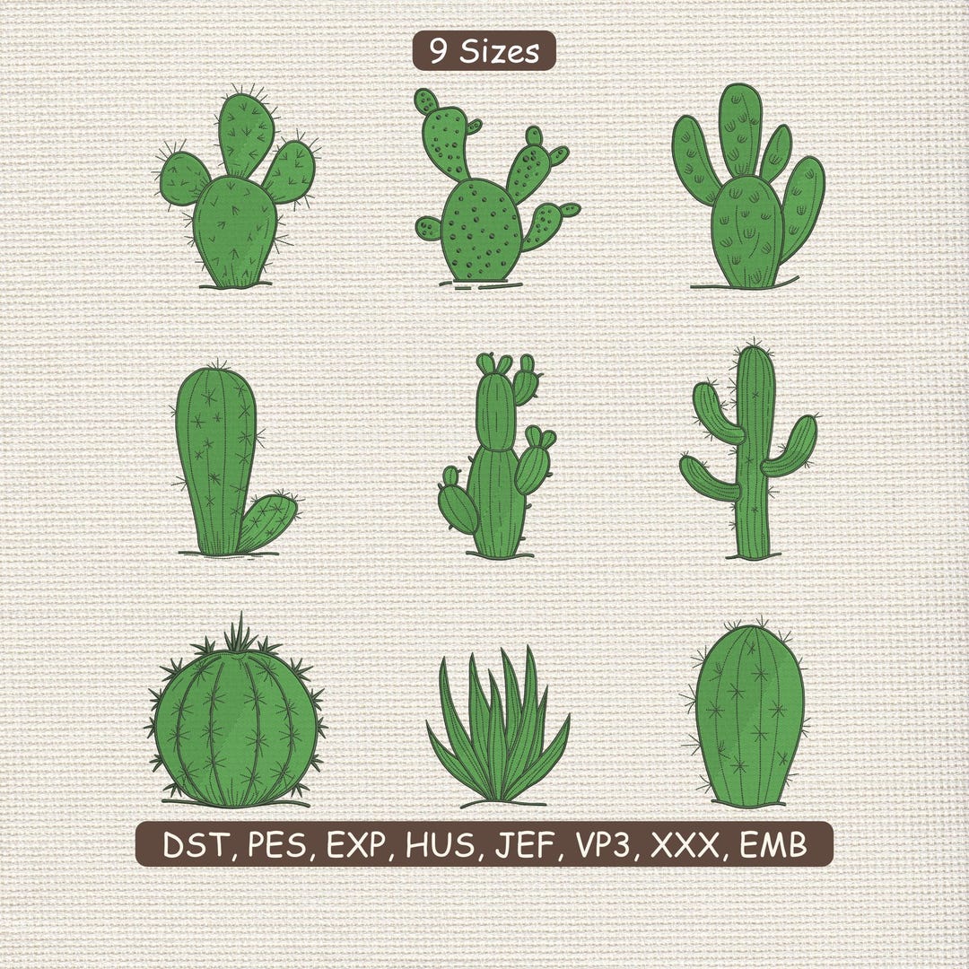 Cactus Embroidery Bundle, 9 Desert Cacti & Succulent Motif Set, Boho ...