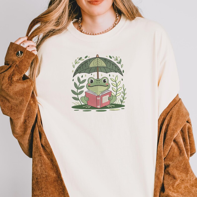 Reading Frog Embroidery Design, Whimsical Book Lover Stitch Art, Nature ...