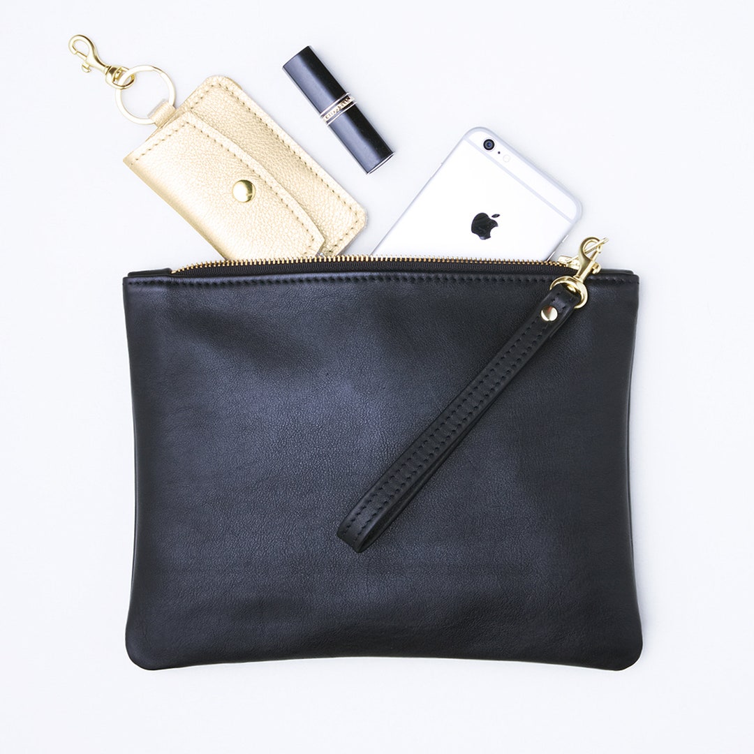 Leather Zipper Clutch With Detachable Wrist Strap, Fold Over Clutch ...