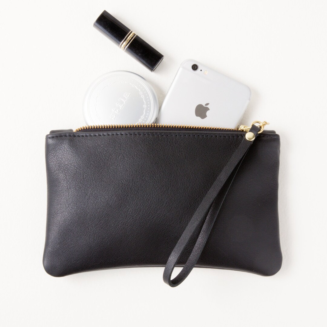 Leather Clutch With Top Zipper Closure and Wrist Strap, Leather ...