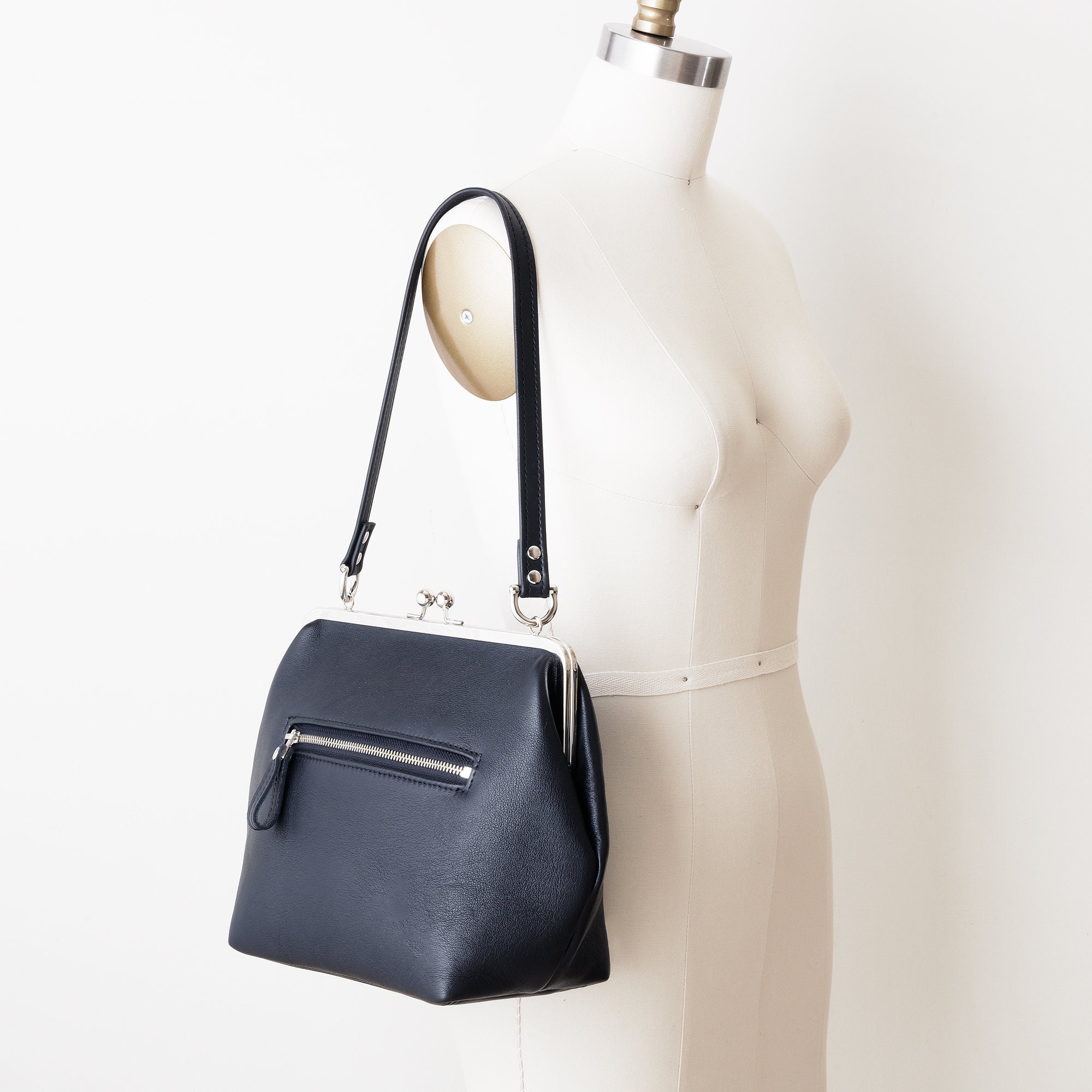 Kiss Lock Frame Handbag With Exterior Zip Pocket Leather - Etsy