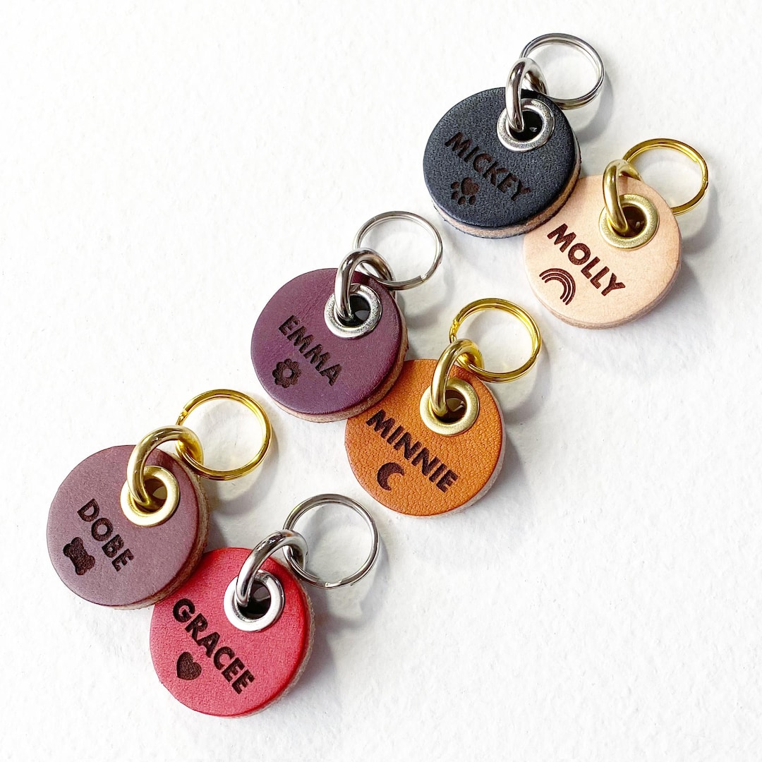 Custom Small ID Tag for Dog or Cat Collar, Tiny Laser Engraved Leather ...