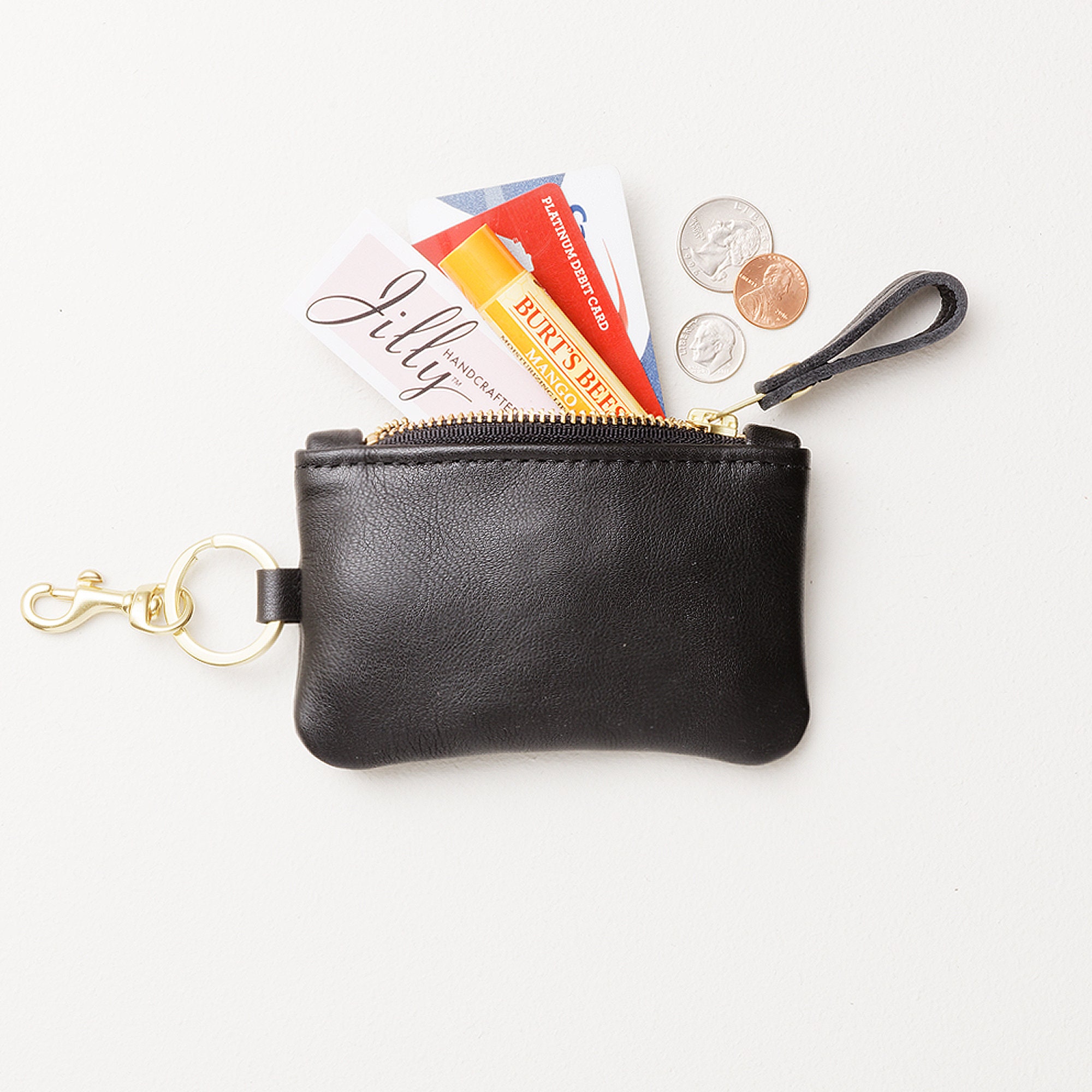 Small Leather Keychain Credit Card and Cash Zipper Wallet With Keyring ...