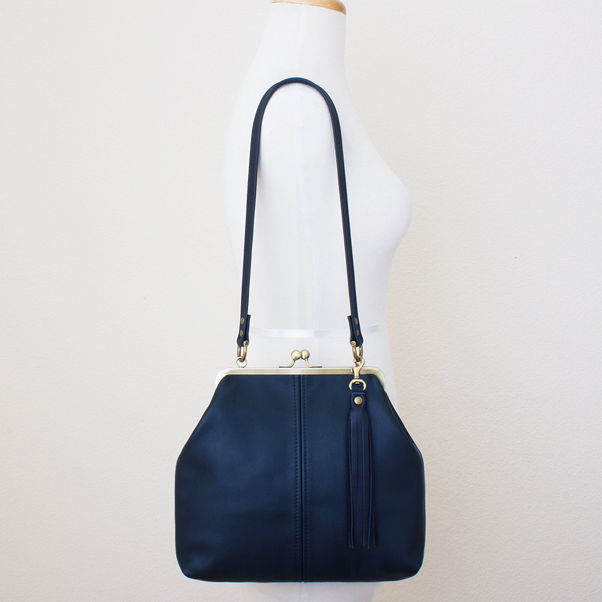Navy Leather Kiss Lock Frame Purse Kiss Lock Crossbody - Etsy