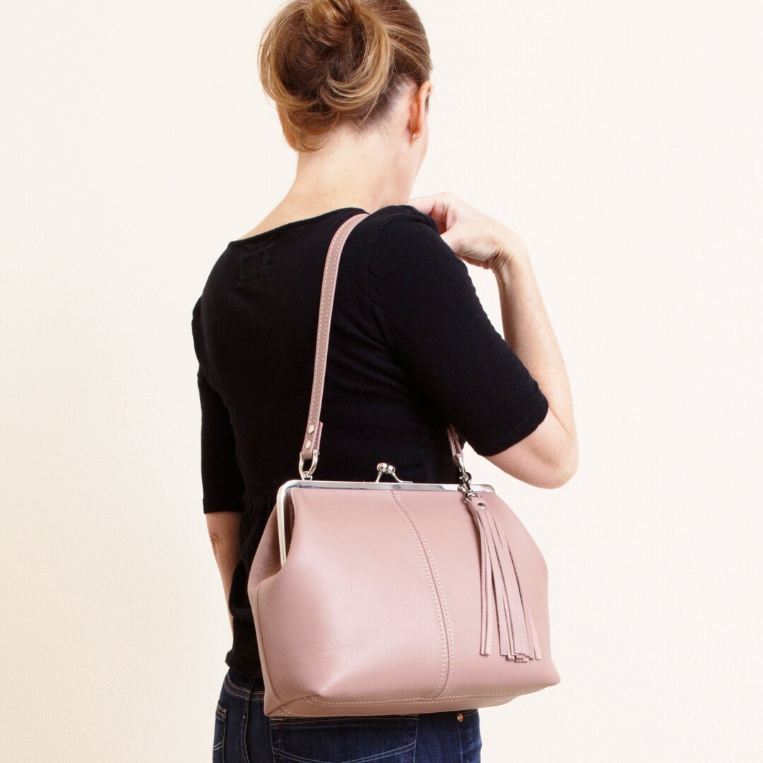 Dusty Pink Kiss Lock Frame Handbag With Tassel Charm, Dusky Blush ...