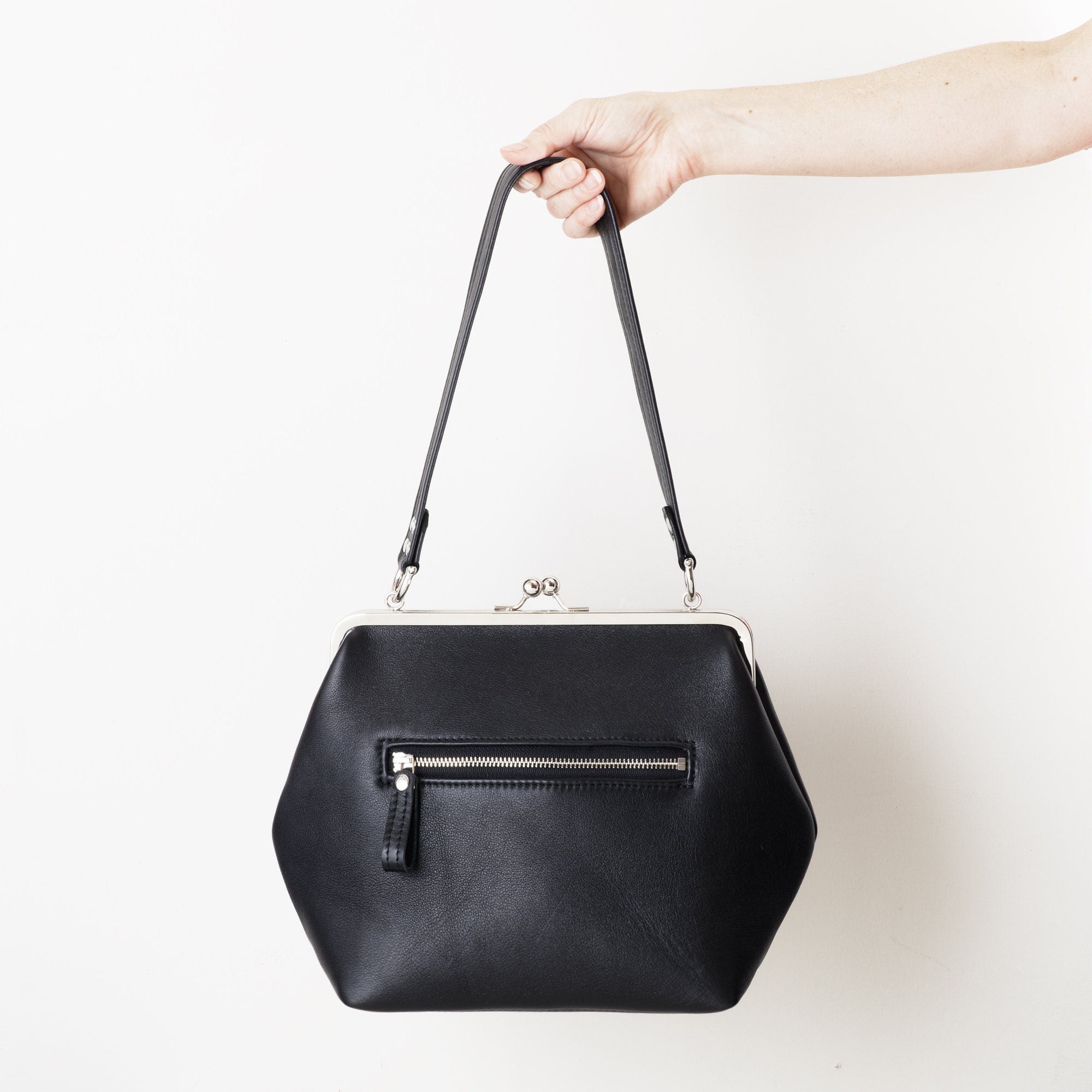 Kiss Lock Frame Handbag With Exterior Zip Pocket Leather - Etsy