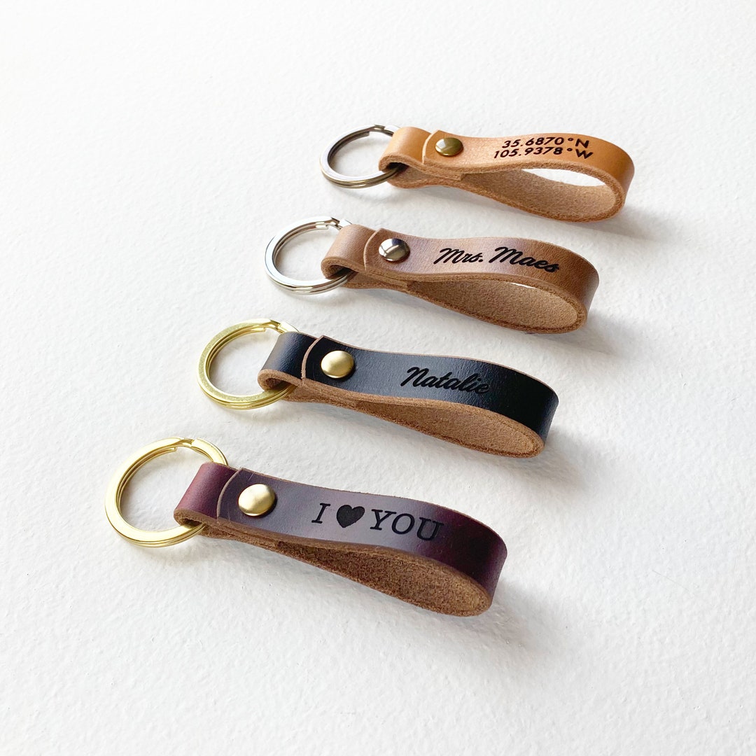 Personalized Leather Keychain, Laser Engraved Name Key Fob, 3rd Anniversary Gift With Message ...