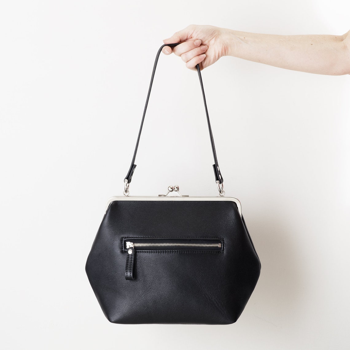 Kiss Lock Frame Handbag With Exterior Zip Pocket Leather | Etsy