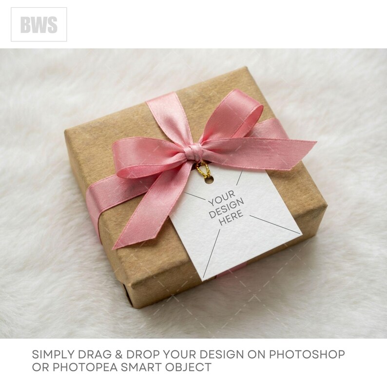 Square Gift Tag With Kraft Box Mockup | Photoshop Photopea Smart Object ...