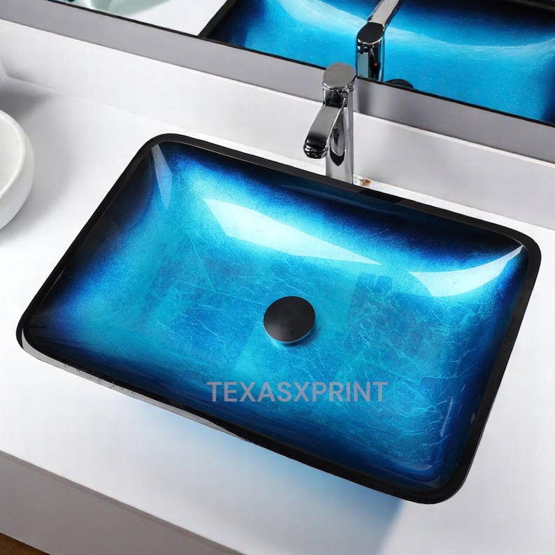 Blue Glass Vessel Sink: 22'' Rectangle Bathroom Basin With Black Faucet ...