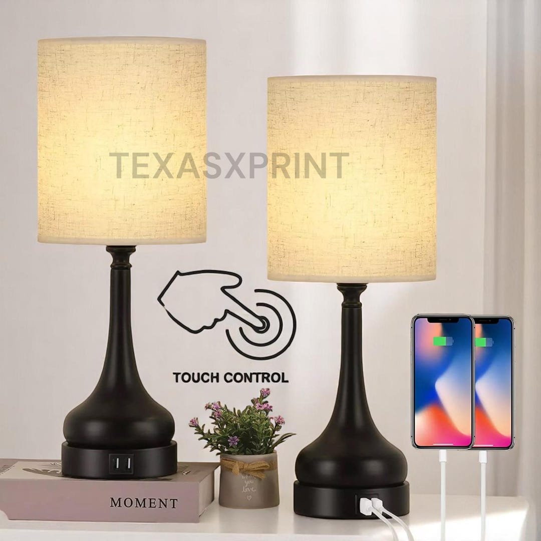 Set of 2 Touch Lamps With USB Ports – Modern Bedside Table Lamps, Metal ...