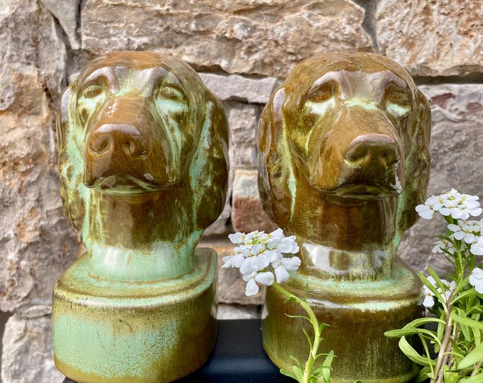 Vintage Frankoma Pottery Dog Head Bookends, Prairie Green, Irish Setter ...
