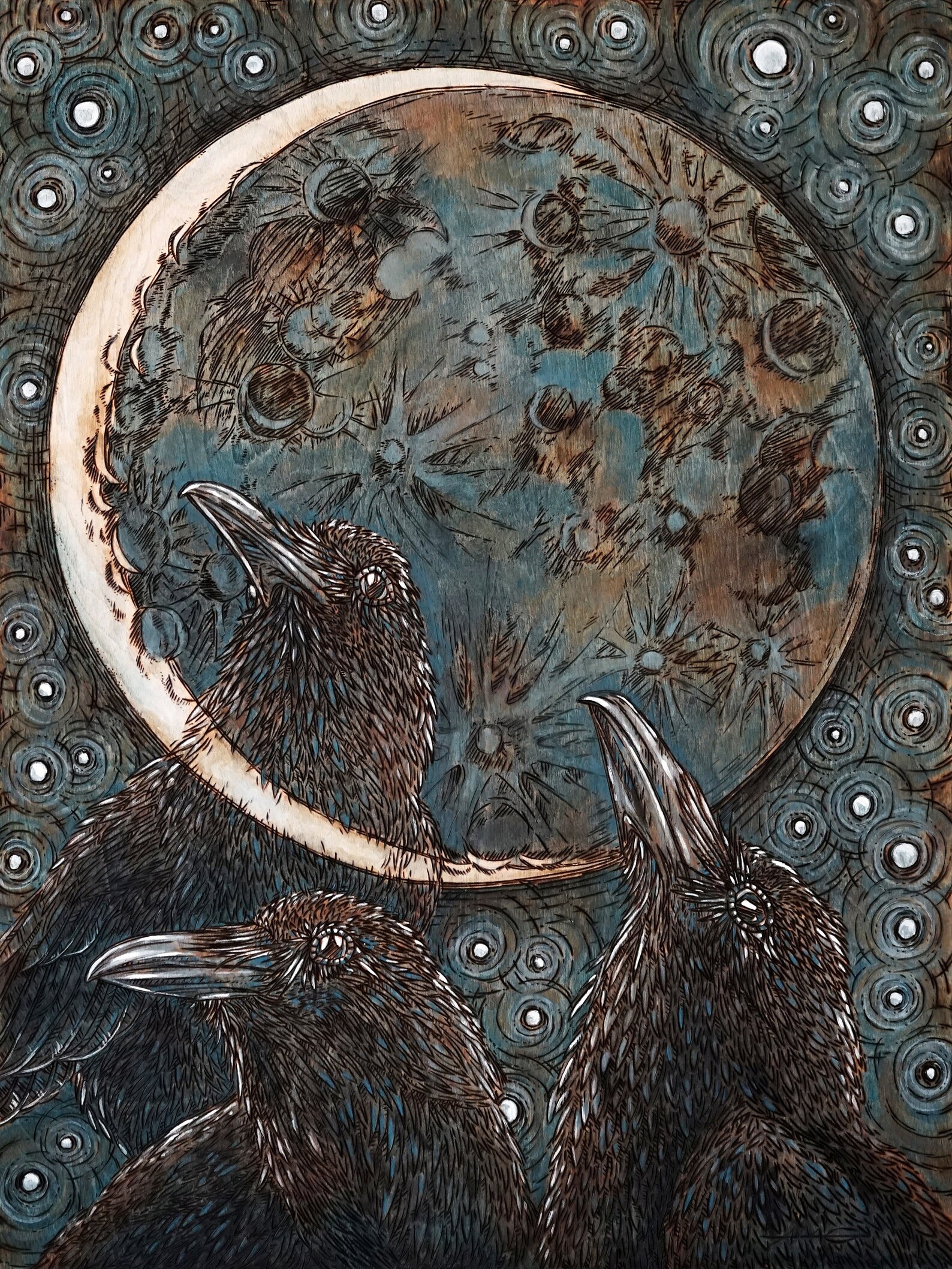 Ravens and Moon Wood Burning Art, Acrylic Painting - Print 11x14" - Etsy