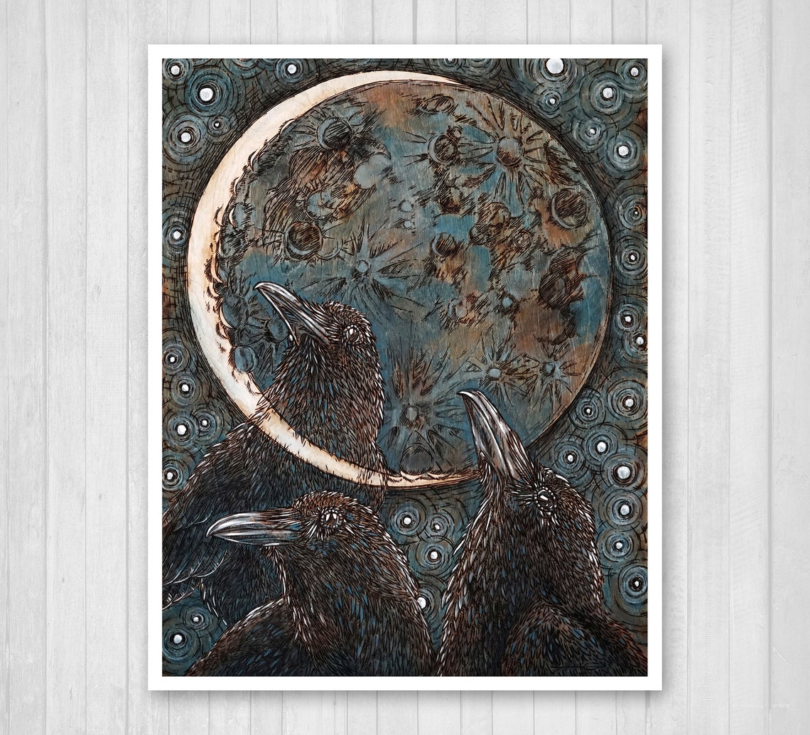Ravens and Moon Wood Burning Art, Acrylic Painting - Print 11x14" - Etsy