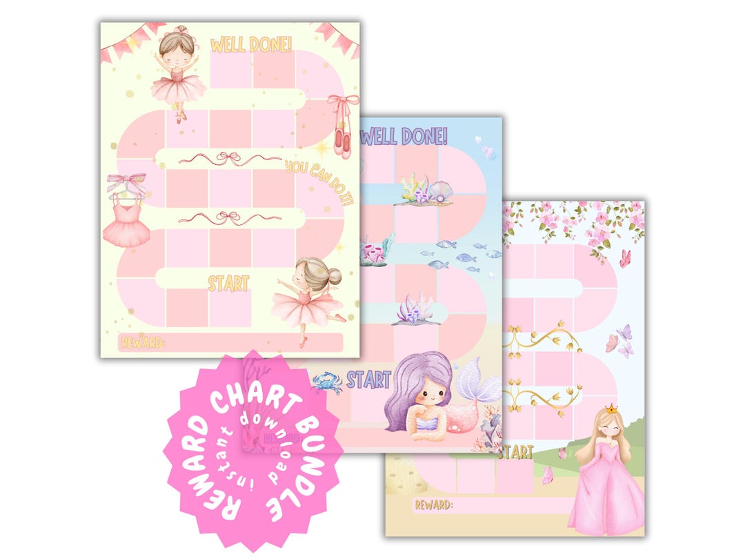 Girls Reward Chart Bundle | Ballerina, Mermaid & Princess | Printable ...