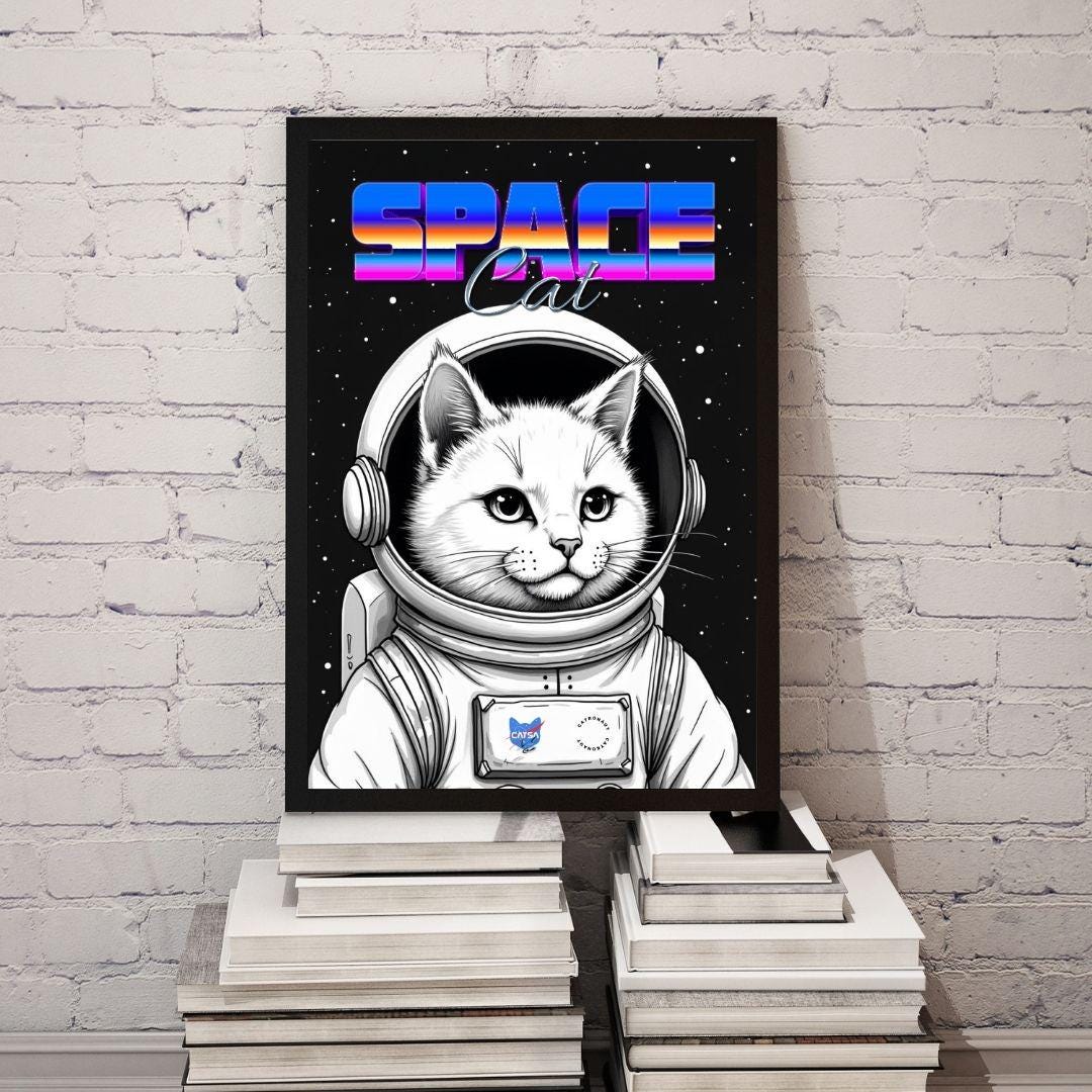 Space Cat Art Print,retro Astronaut Cat Poster, Outer Space Sci-fi Wall ...