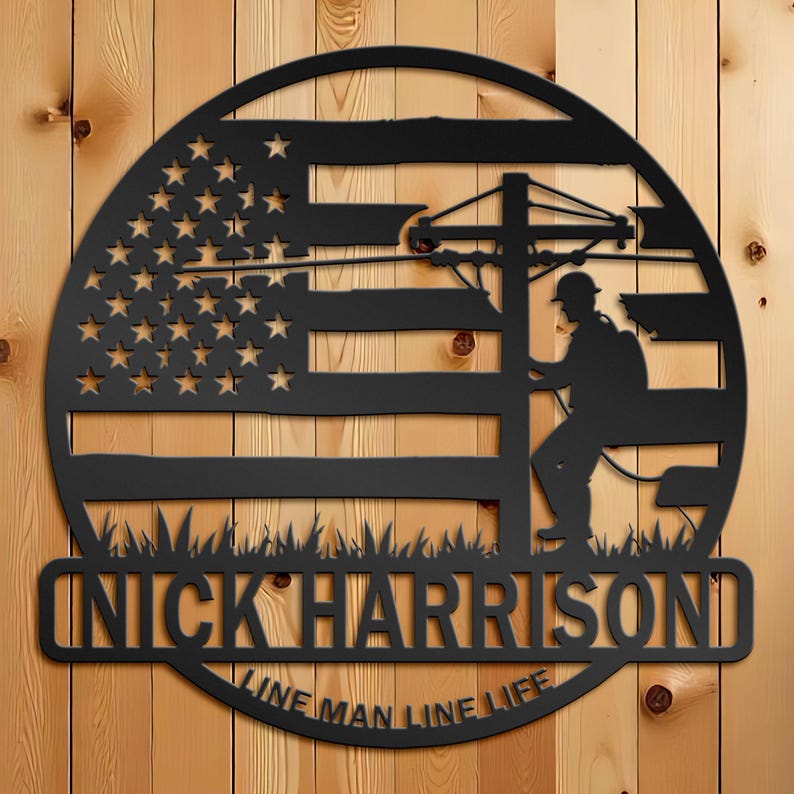 Custom Lineman Metal Sign – Personalized American Flag Utility Pole ...