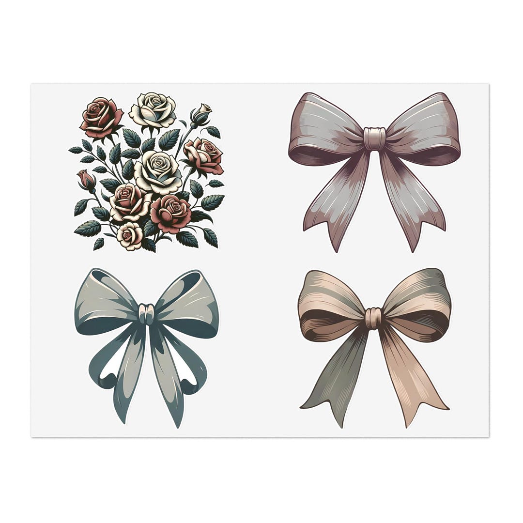 Kiss-cut Roses & Bows Sticker Sheet - Elegant Floral Design ...