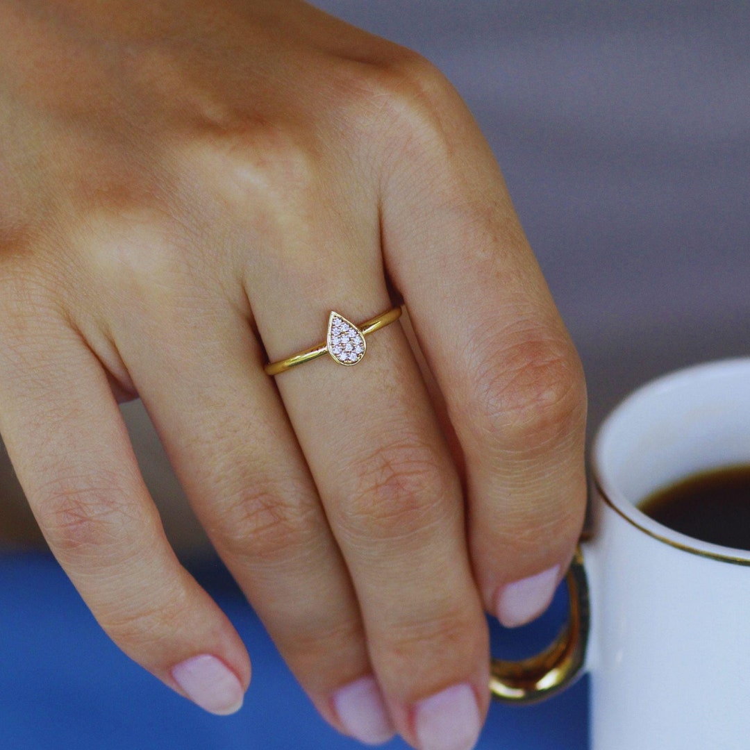 14K Solid Gold Raindrop Ring: Dainty Pave Halo, Handmade - Etsy