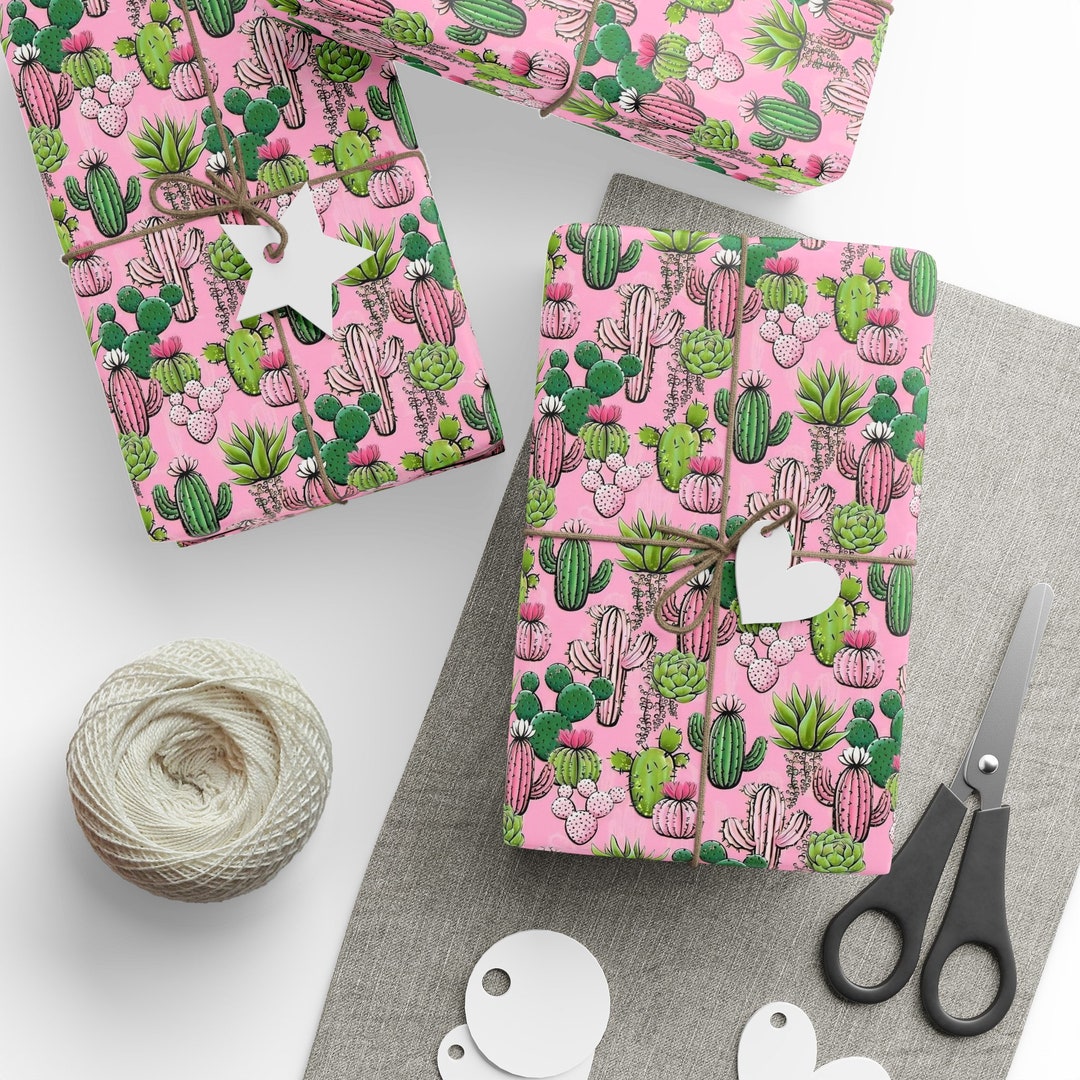 Cute Wrapping Paper, Cactus Desert Print Gift Wrap, Pink and Green ...