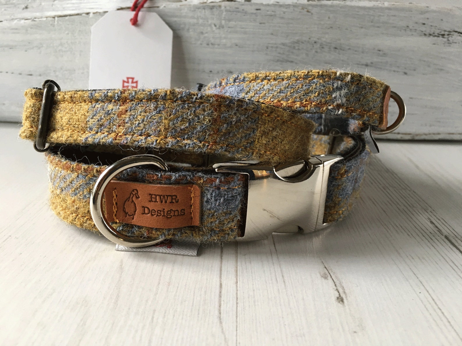 Harris Tweed Dog Collar in Mustard and Grey Check - Etsy