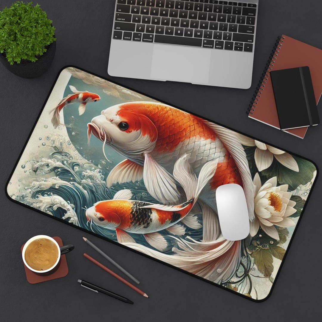 Koi Fish Desk Mat, Japanese Art Desk Pad, Gaming Mouse Pad, Home Office ...