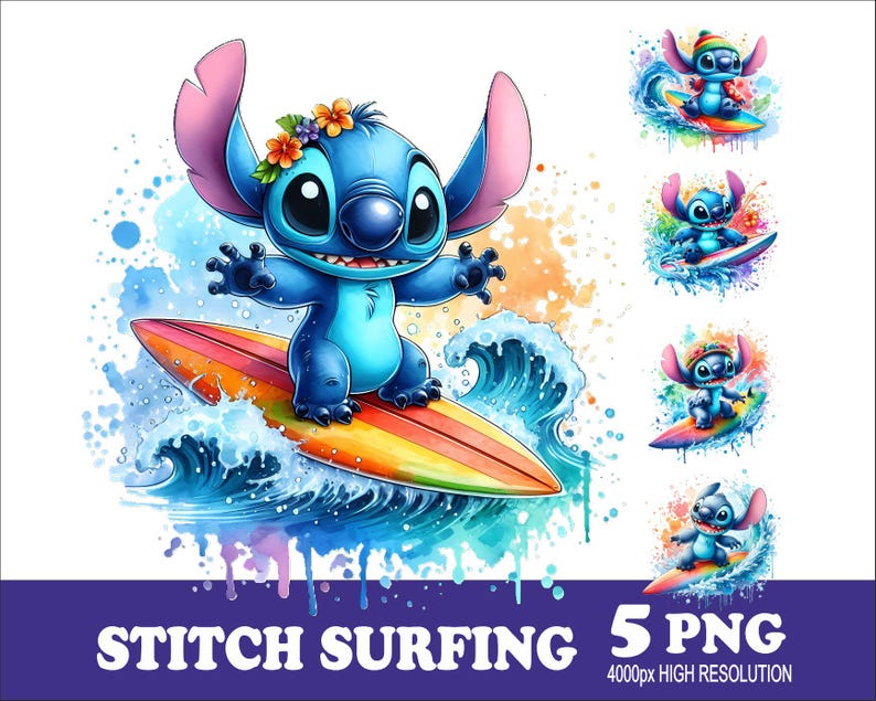 5 PNG Stitch Surfing Design Watercolor Tshirt Mug Tumpler Sublimation ...
