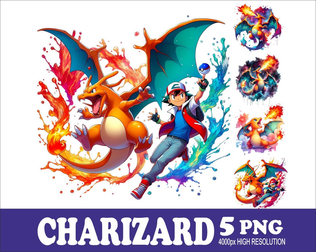 Charizard Design Watercolor PNG Designs: Sublimation Print Set (5 Files ...
