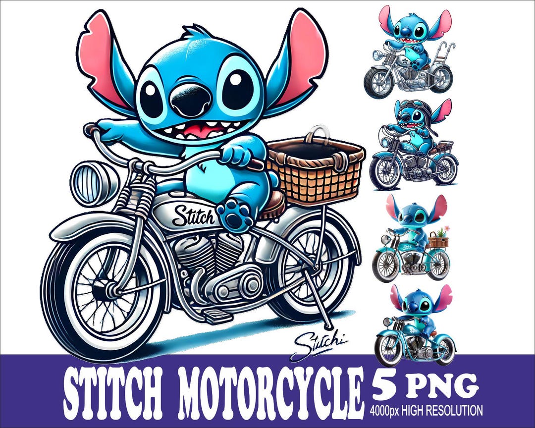 Stitch Motorcycle Watercolor PNG Designs: Sublimation Graphics (5 PNG ...