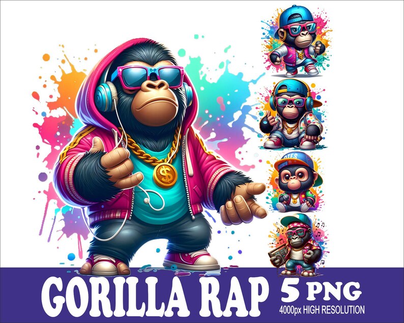 5 PNG Gorilla Rap Design Watercolor Tshirt Mug Tumpler Sublimation Png ...