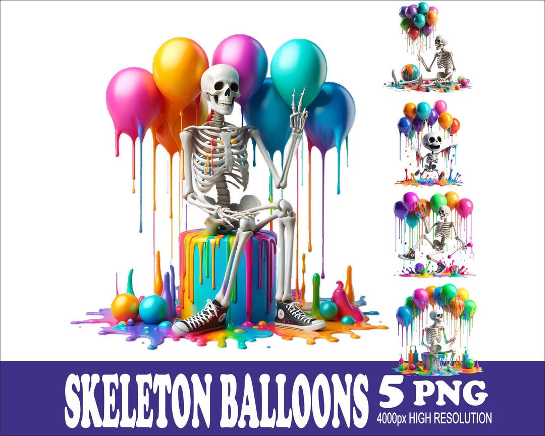 5 PNG Skeleton Balloons Design Watercolor Tshirt Mug Tumpler ...
